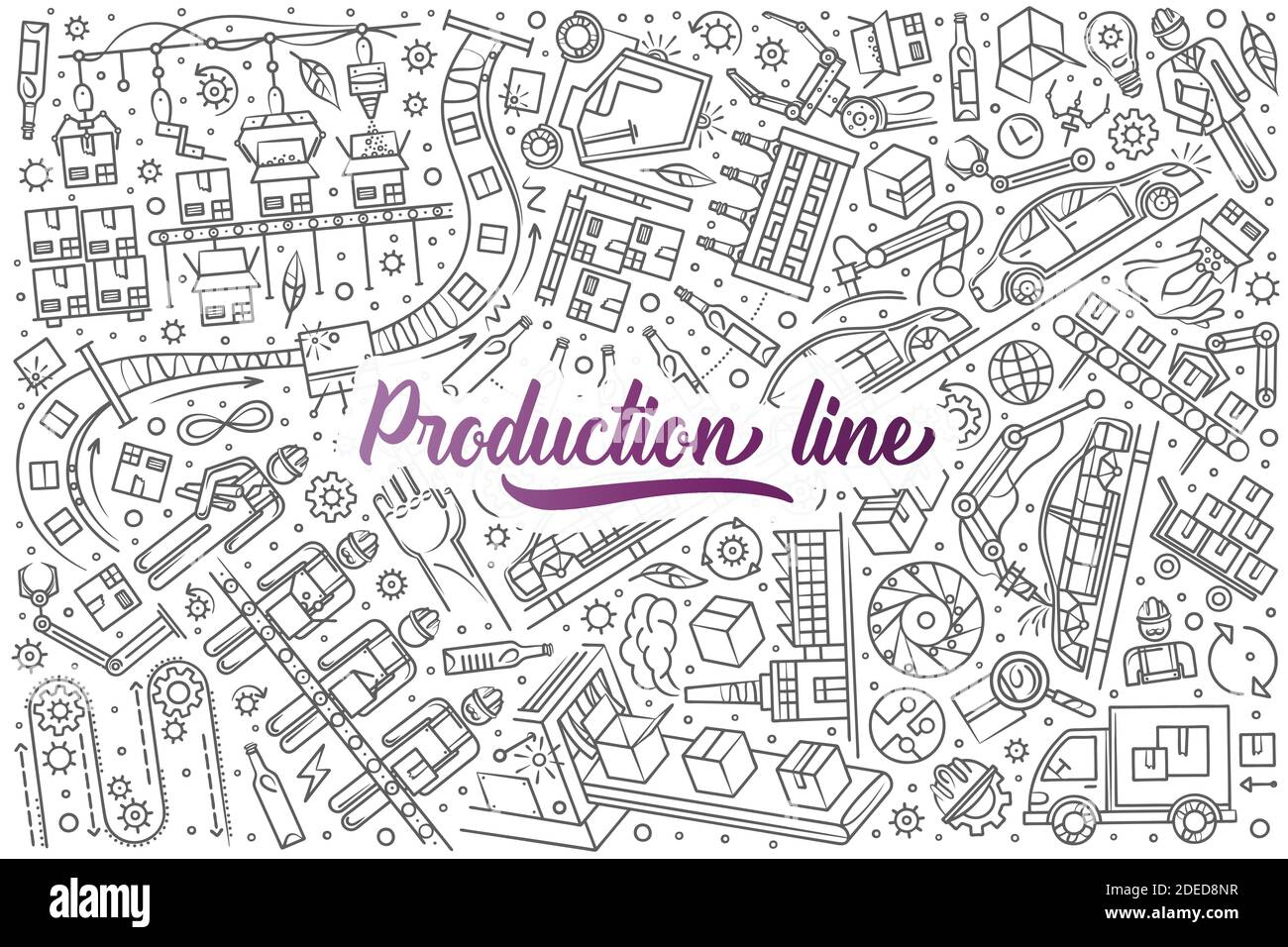 Hand drawn production line set doodle vector illustration background ...