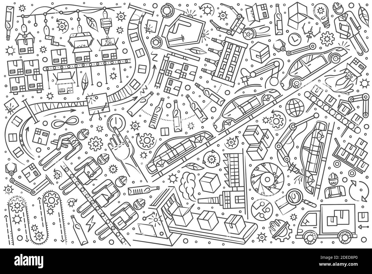 Hand drawn production line set doodle vector illustration background ...