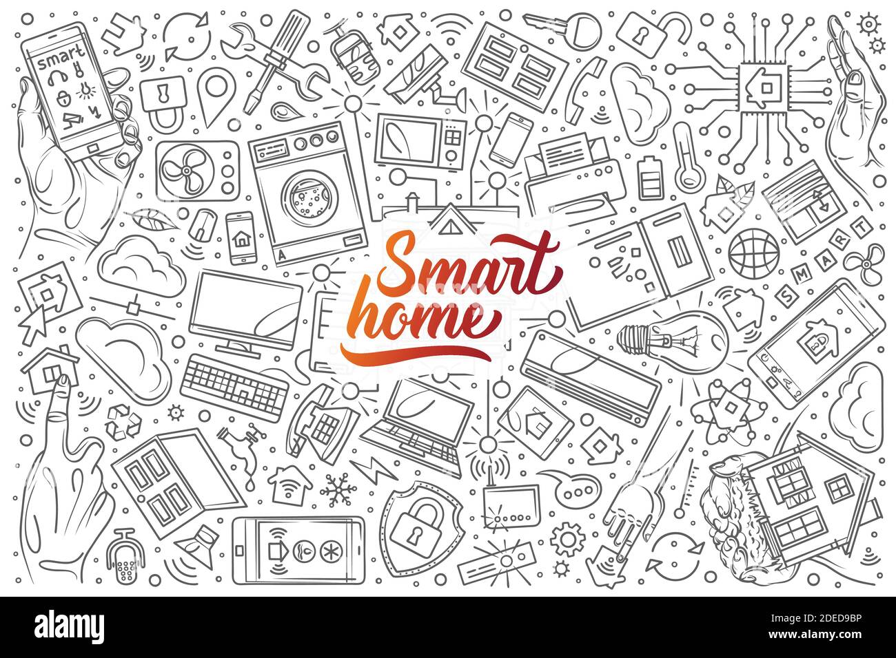 Hand drawn smart home set doodle vector illustration background Stock ...