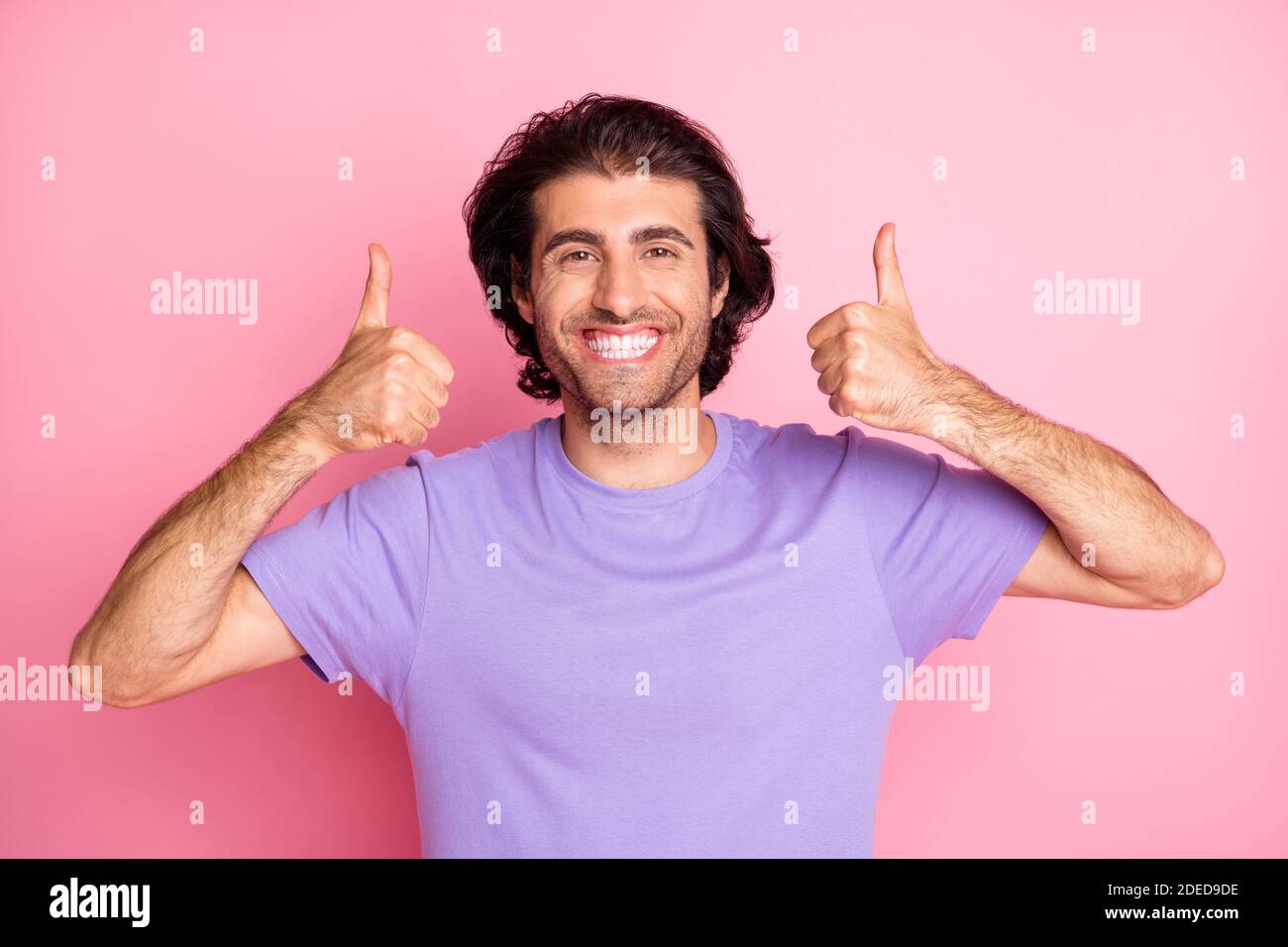 Close up portrait of male person toothy smile two arms thumbs up ...