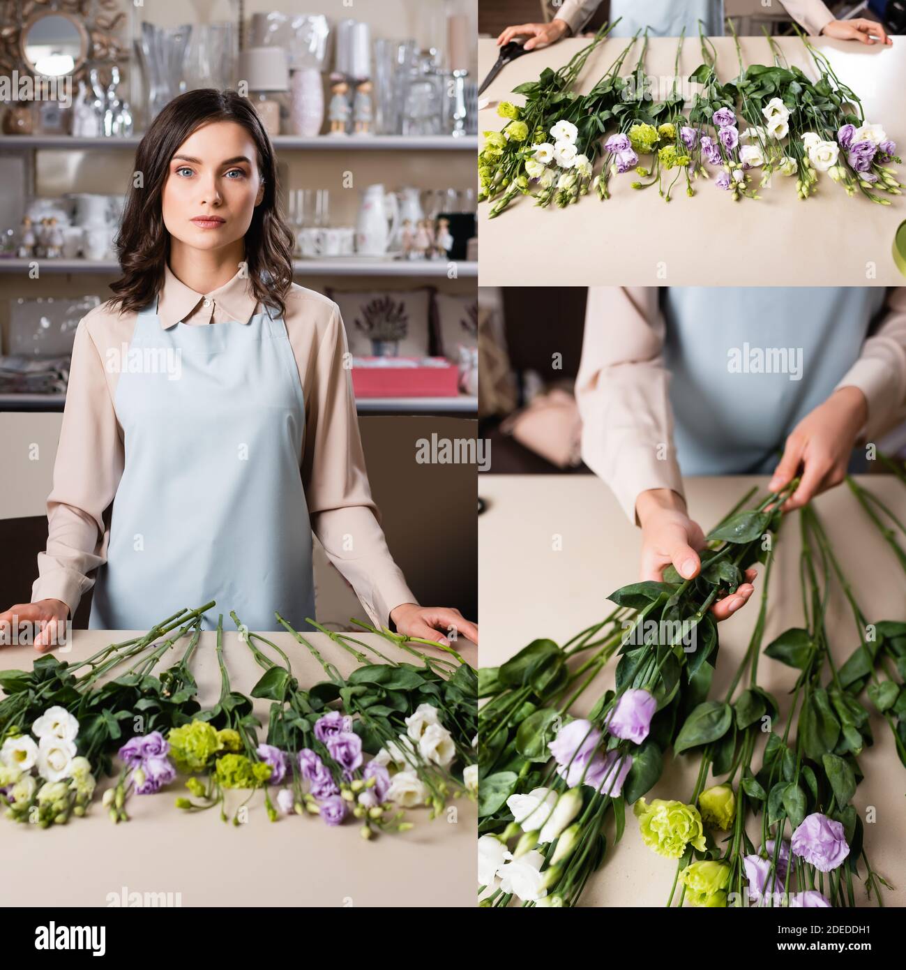 collage of florist looking at camera near rack on blurred background ...