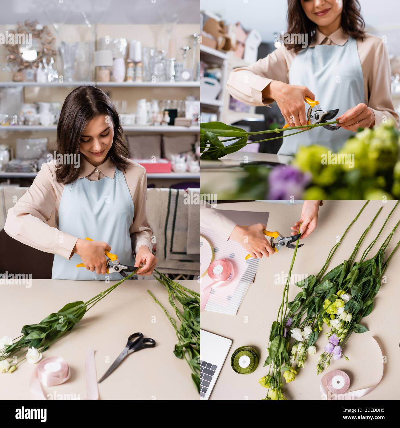 collage of smiling florist cutting steam while making bouquet with ...