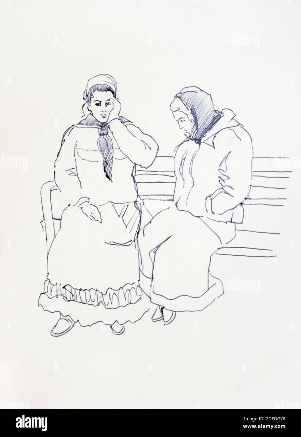 sketch drawing of two romani women sitting on the bench, gypsy girls ...