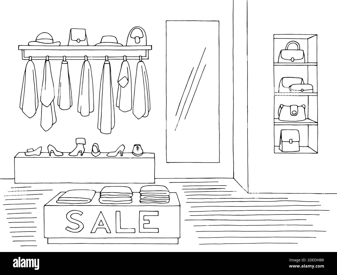 Shop store interior graphic black white sketch illustration vector ...