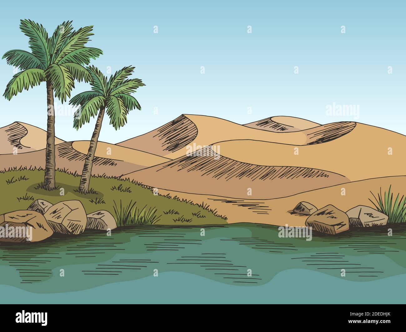 Desert river graphic color landscape sketch illustration vector Stock ...