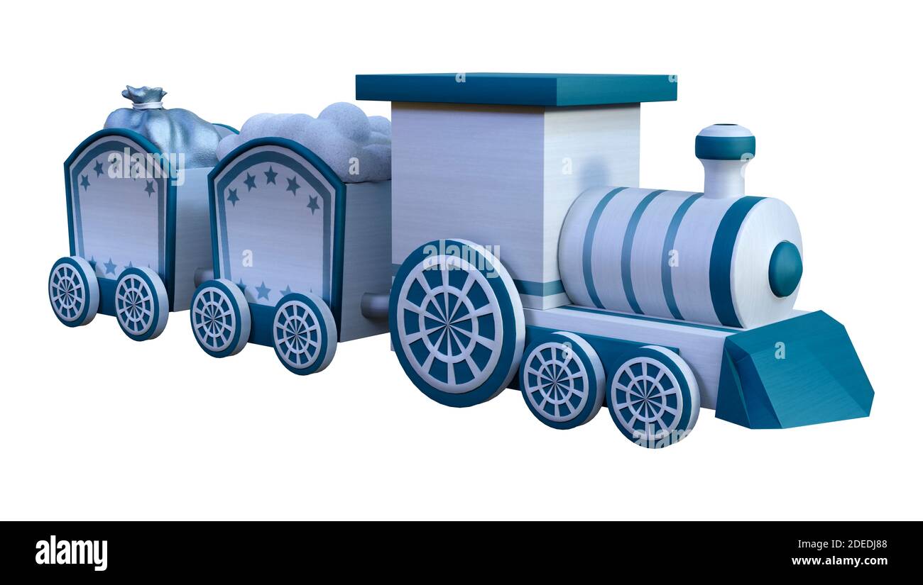 3D rendering of a childrens toy wooden train with gifts isolated on ...