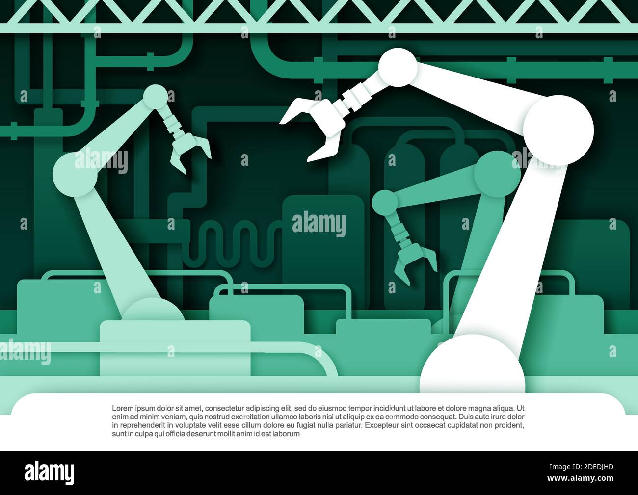 Automatic production conveyor belt with robotic arms. Vector ...