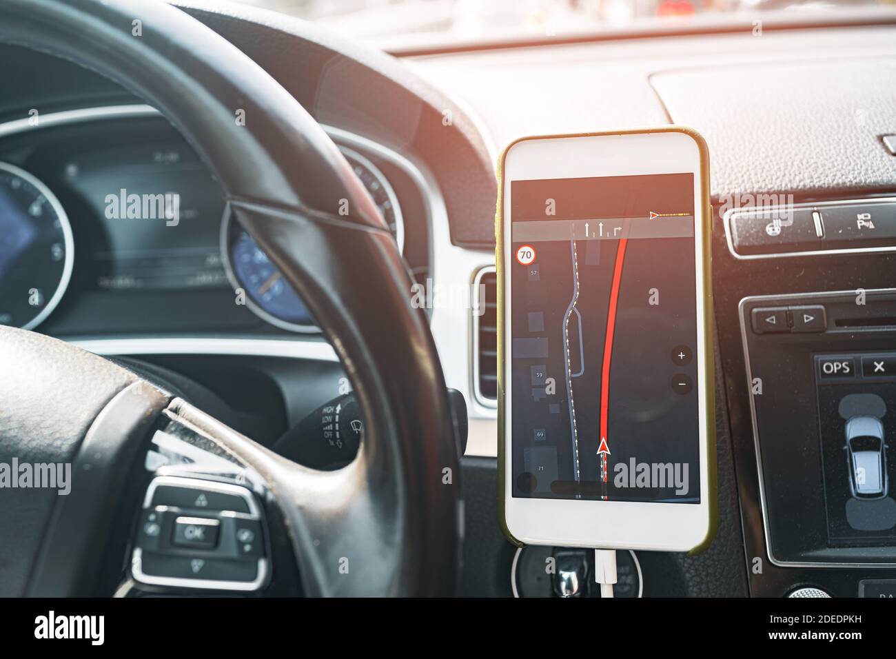 Smartphone with open gps navigation app on torpedo in car Stock Photo ...