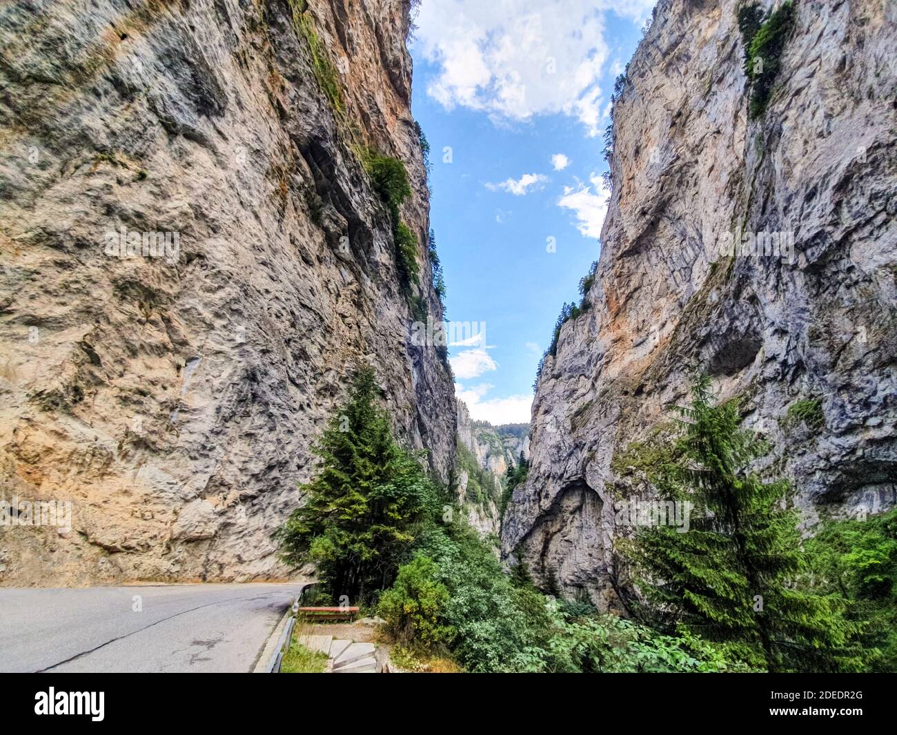 Curvy road between steep rocks of Trigrad gorge in the Western Rhodopes ...