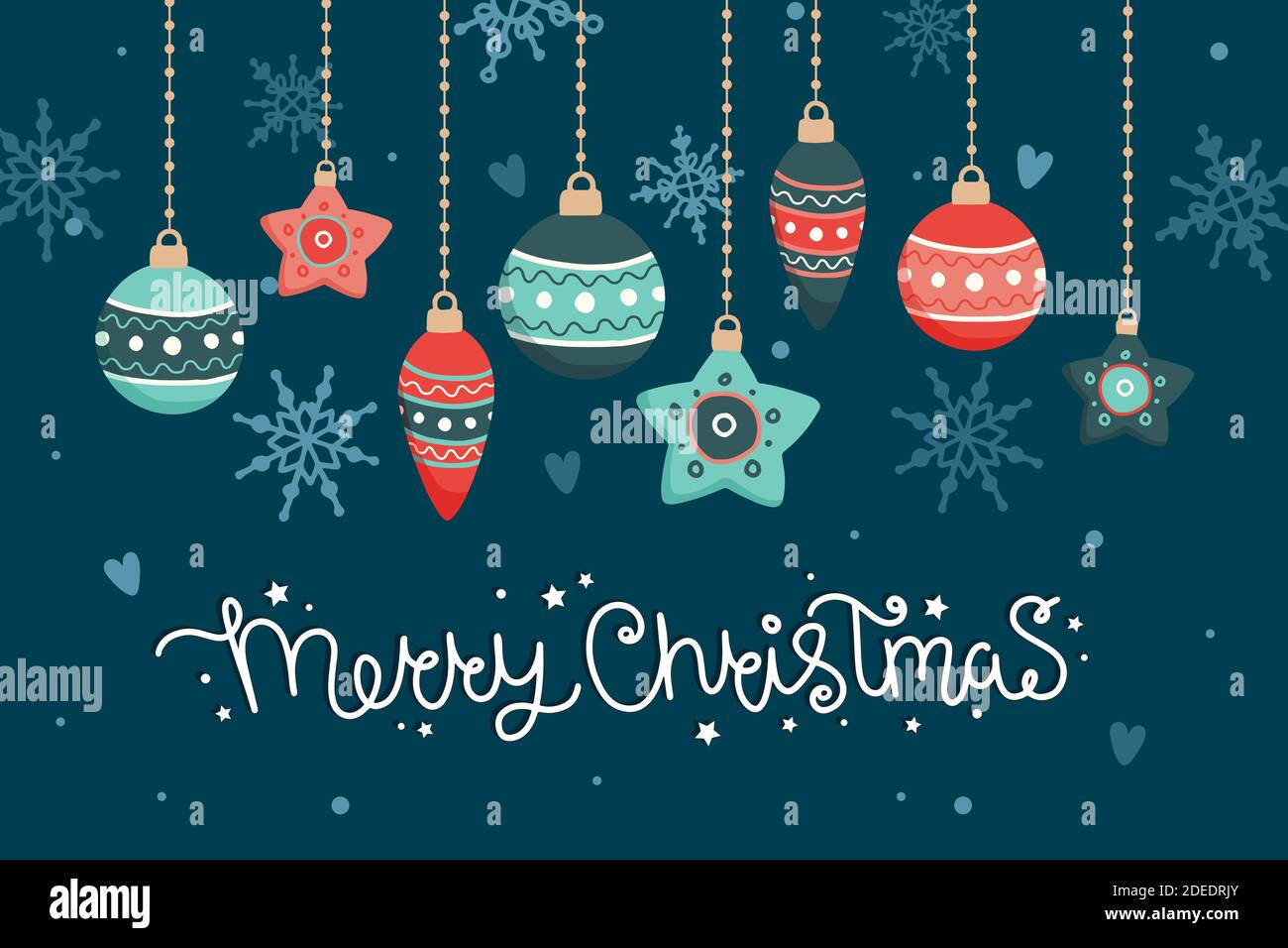 Christmas card with hanging decorations and hand drawn lettering Stock ...