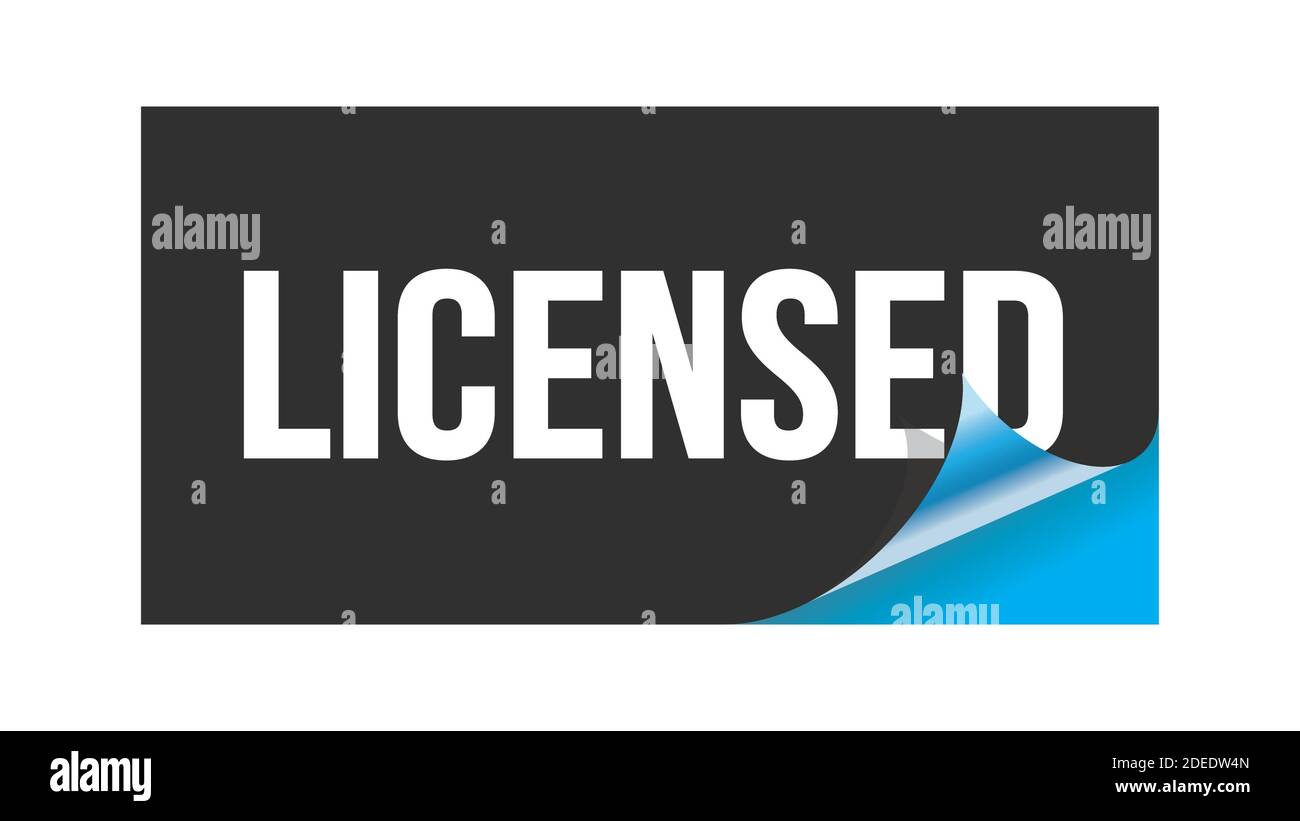 LICENSED text written on black blue sticker stamp Stock Photo - Alamy