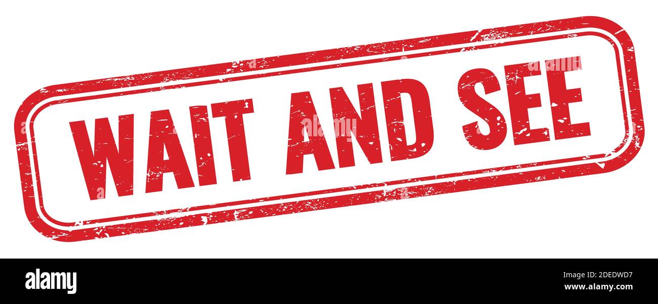 WAIT AND SEE text on red grungy rectangle stamp Stock Photo - Alamy