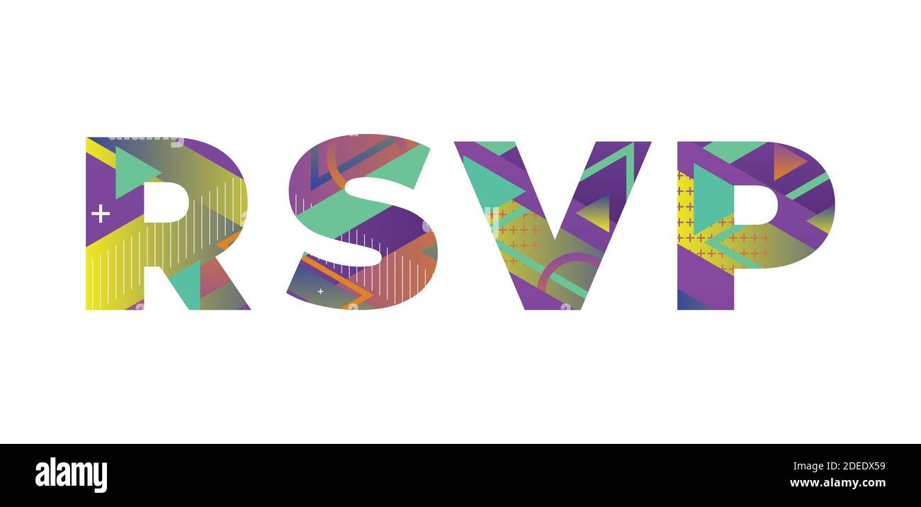 The word RSVP concept written in colorful retro shapes and colors ...