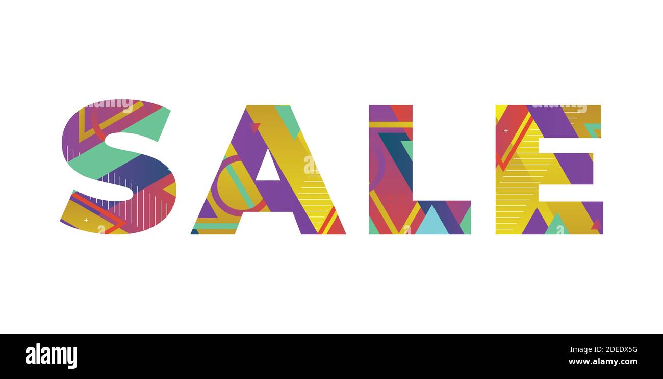 The word SALE concept written in colorful retro shapes and colors ...