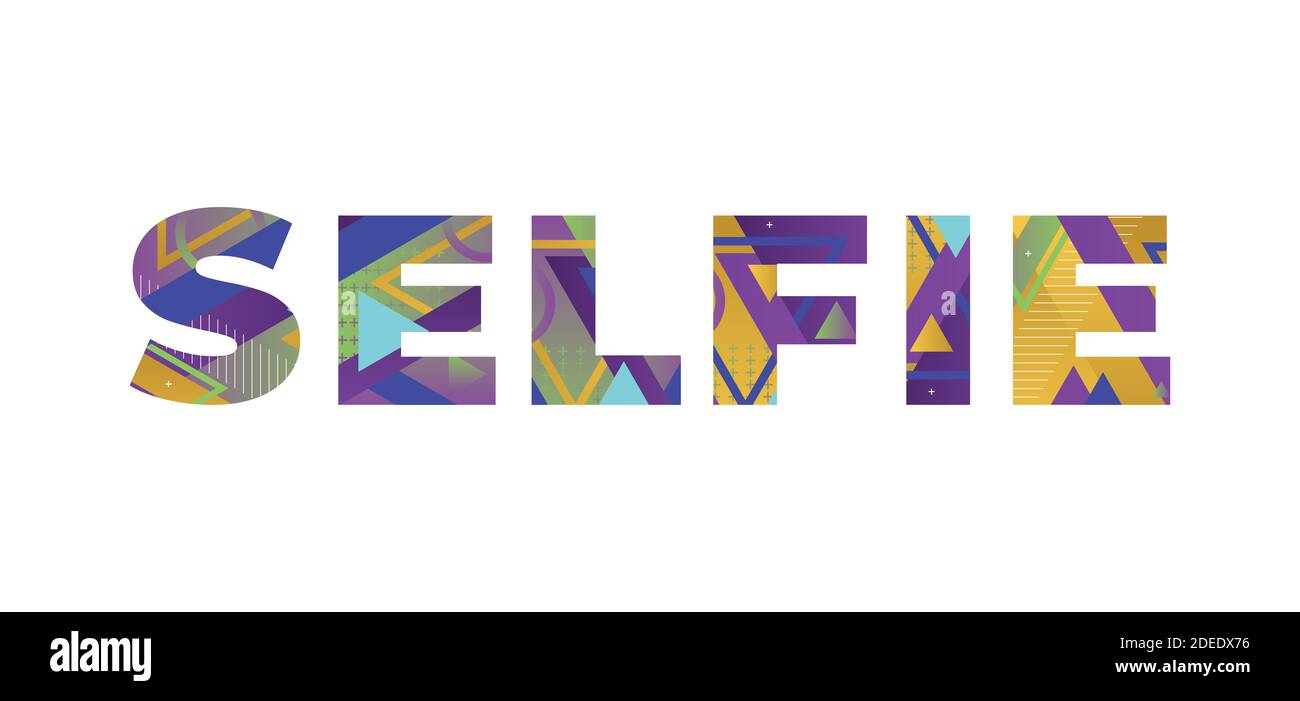 The word SELFIE concept written in colorful retro shapes and colors ...