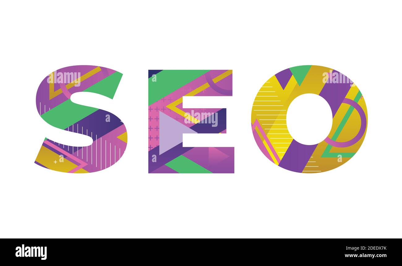 The word SEO concept written in colorful retro shapes and colors ...