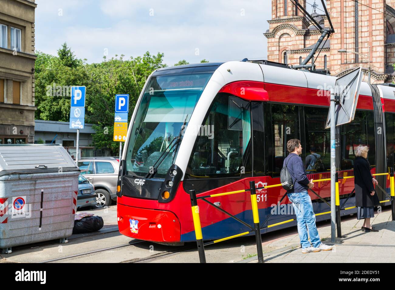 Tram station at St. Mark's Church or Church of St. Mark, a Serbian ...