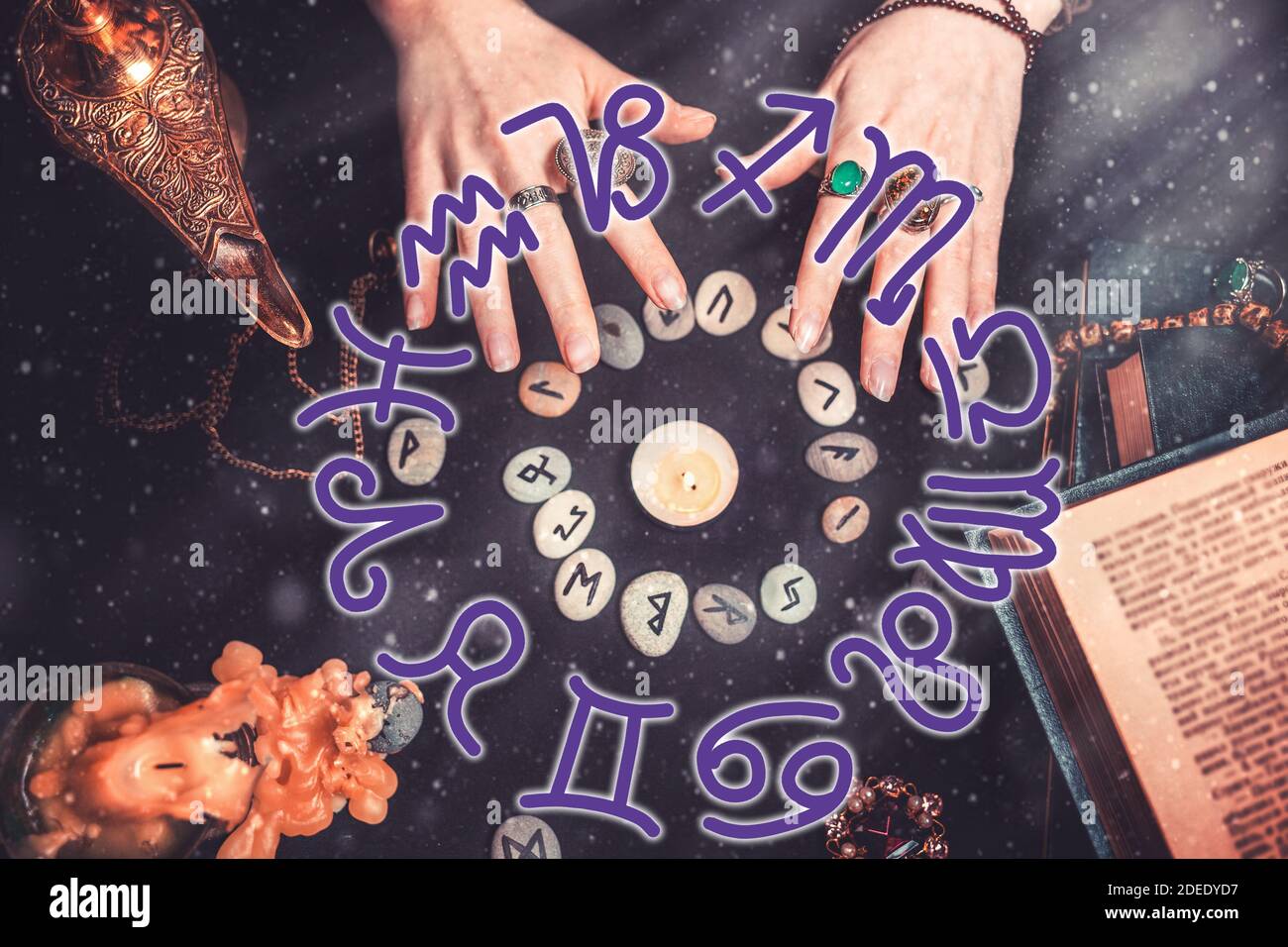Astrology and esotericism. Female witch hands conjure over the rune ...