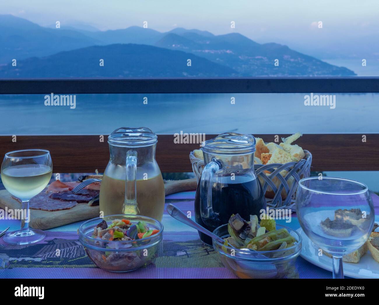 appetizer of italian cured meats and carafe wine on the panoramic ...