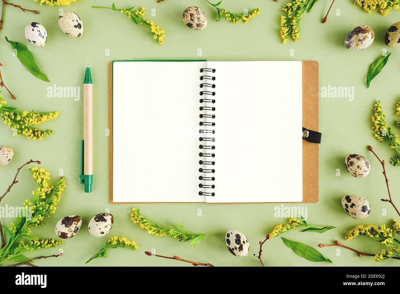 Spring easter floral frame and notebook. Natural tree branches, yellow ...