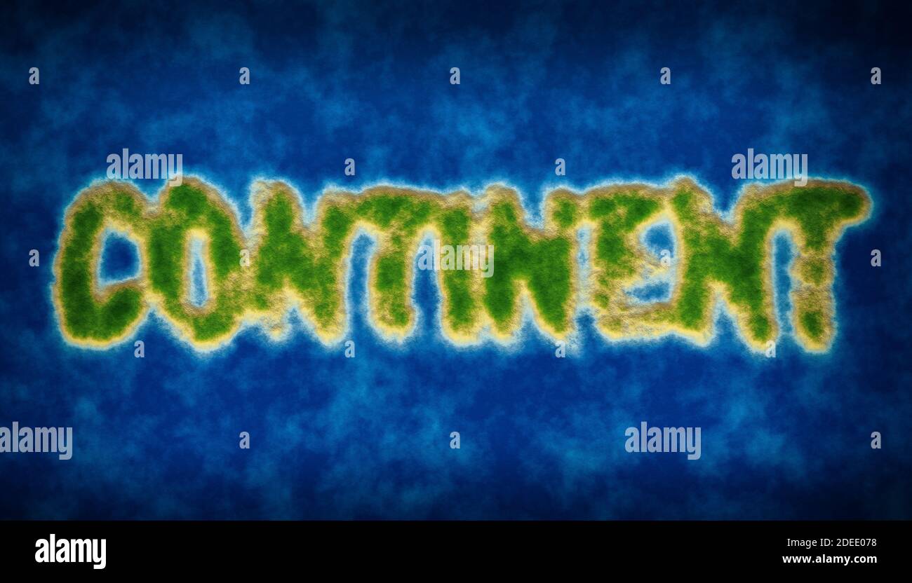 Green Island in the sea shaped as word - continent. Detailed ...