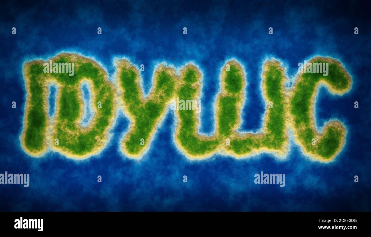 Green Island in the sea shaped as word - Idyllic. Detailed illustration ...