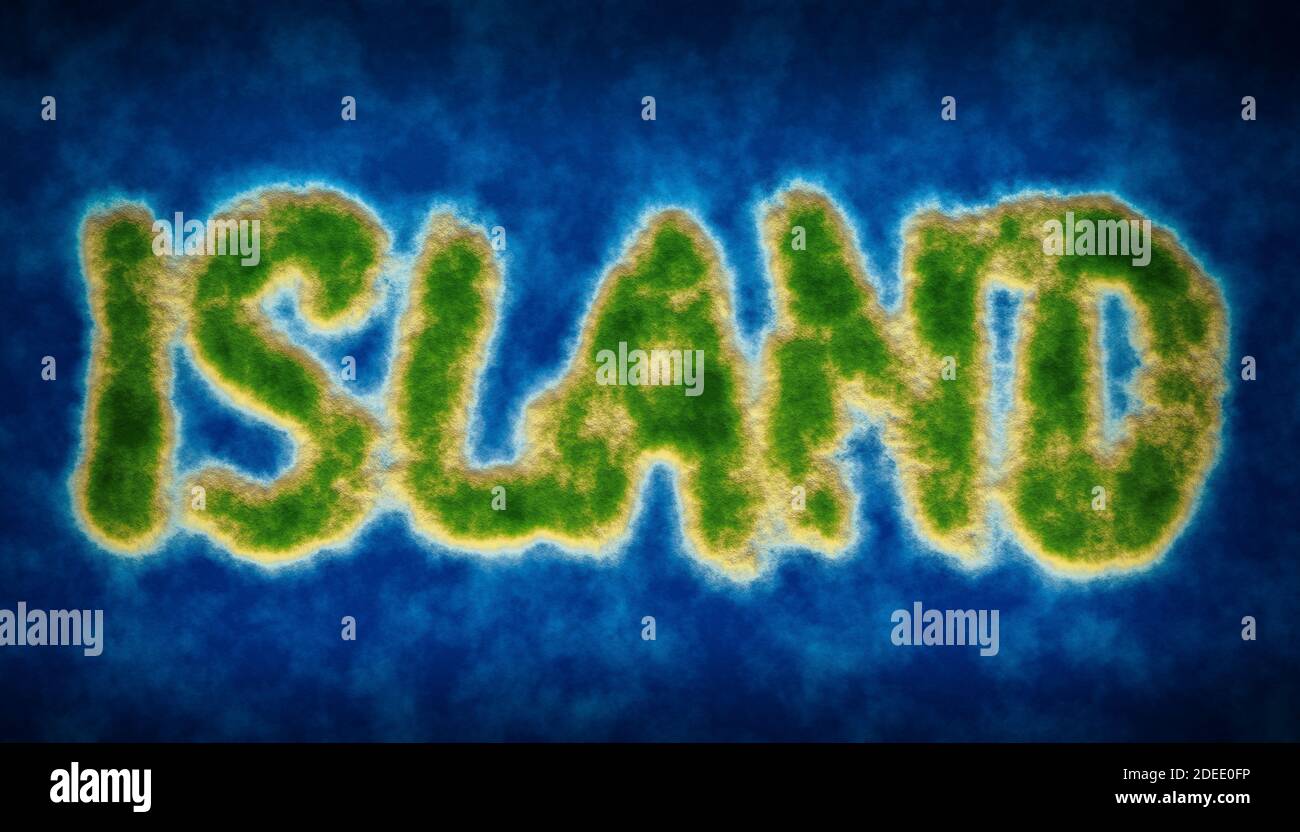 Green Island in the sea shaped as word - island. Detailed illustration ...