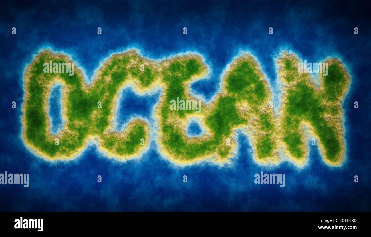 Green Island in the sea shaped as word - ocean. Detailed illustration ...