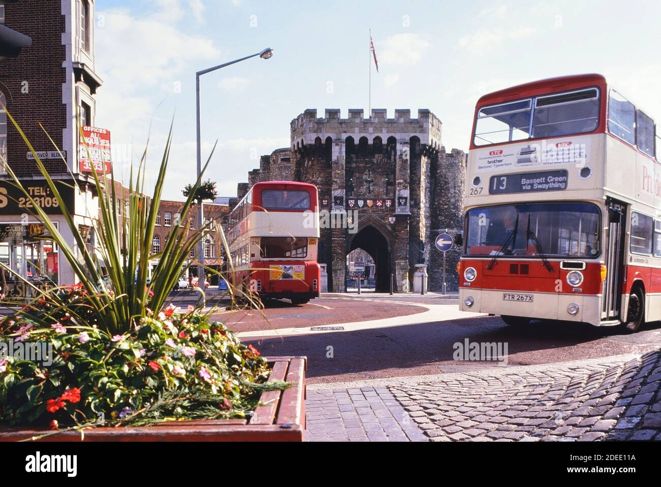 Double decker buses beside The Bargate, Southampton, Hampshire, England ...