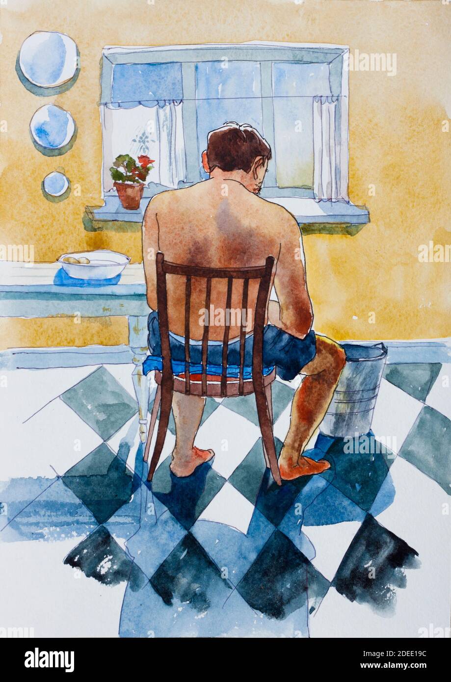 Shirtless domestic man sits back to watcher and peeling the potatoes in ...