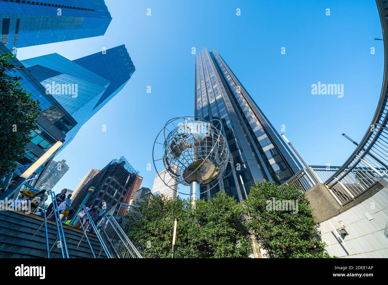 View of Columbus Circle globe and skyscraper from MTA subway entrance ...
