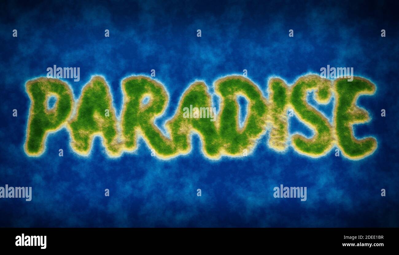 Green Island in the sea shaped as word - paradise. Detailed ...