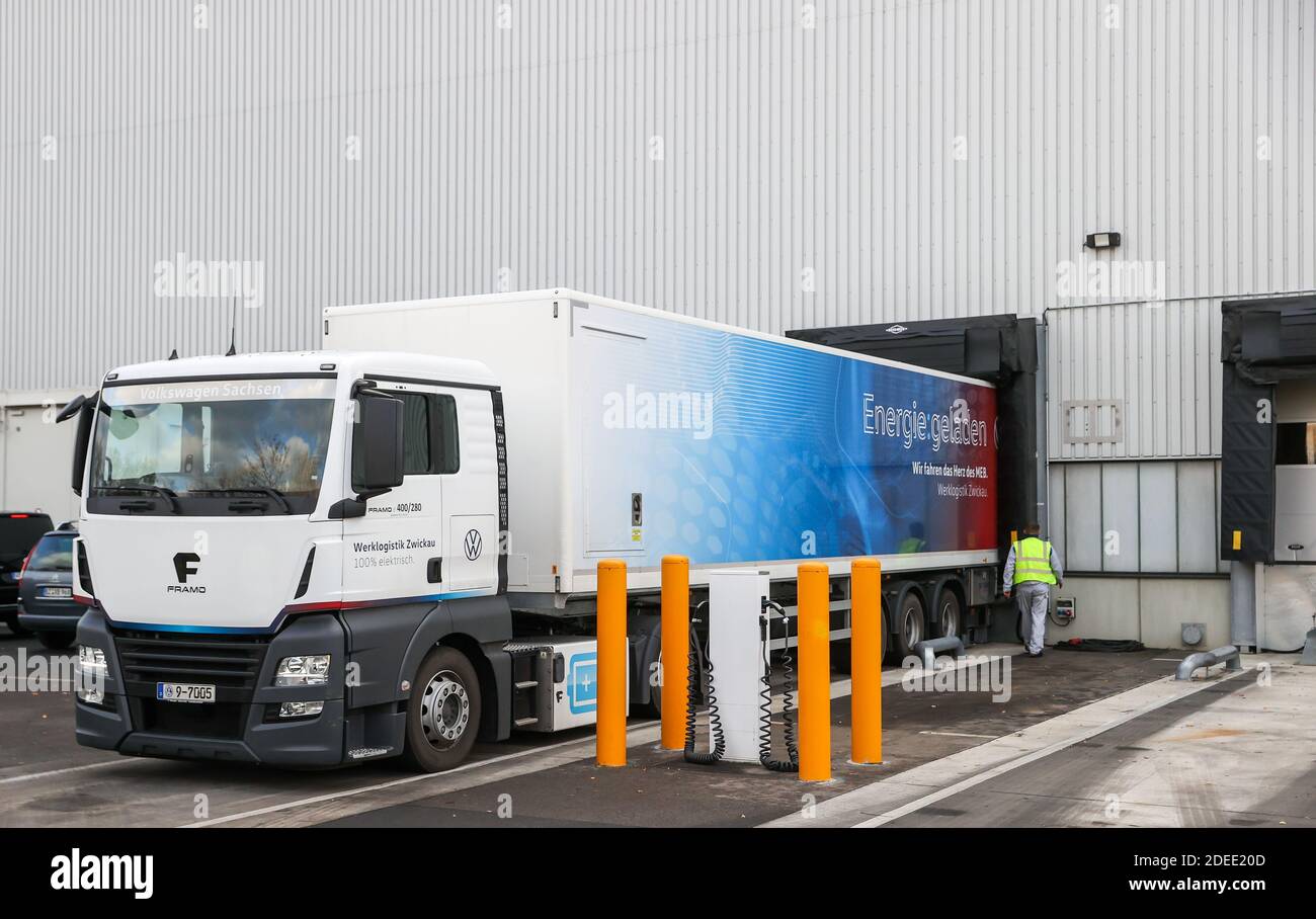 30 November 2020, Saxony, Zwickau: An electric truck of the brand Framo ...