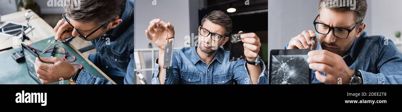 Collage of repairman with screwdriver fixing smashed digital tablet and ...