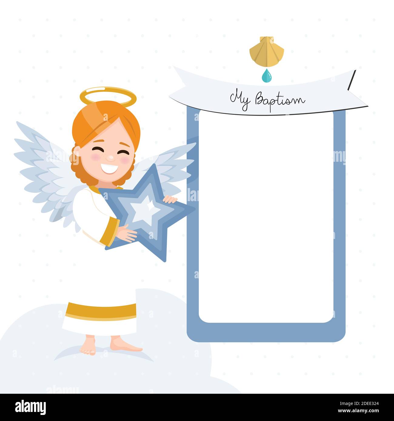 Angel with a blue star. Baptism invitation with message and white ...
