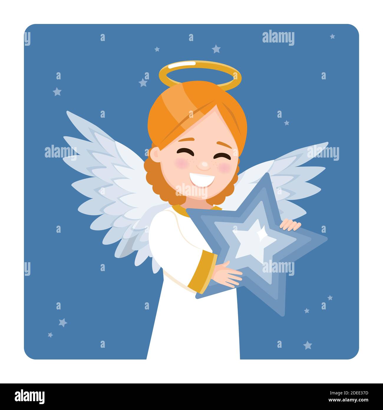 Foreground angel with a blue star on a dark sky and stars background ...