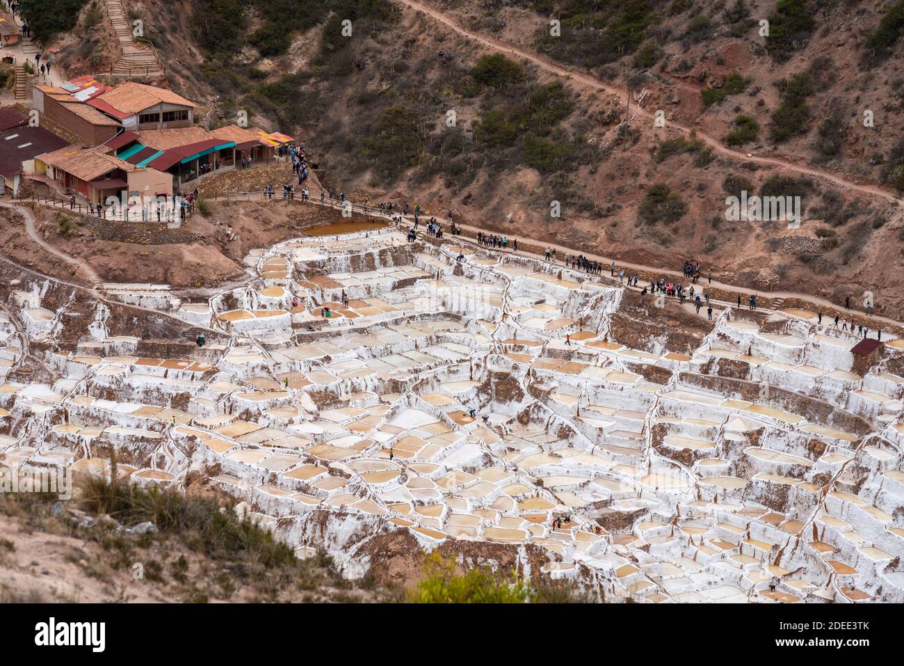 Aerial view of salt mines at Salineras de Maras, Sacred Valley, Peru ...