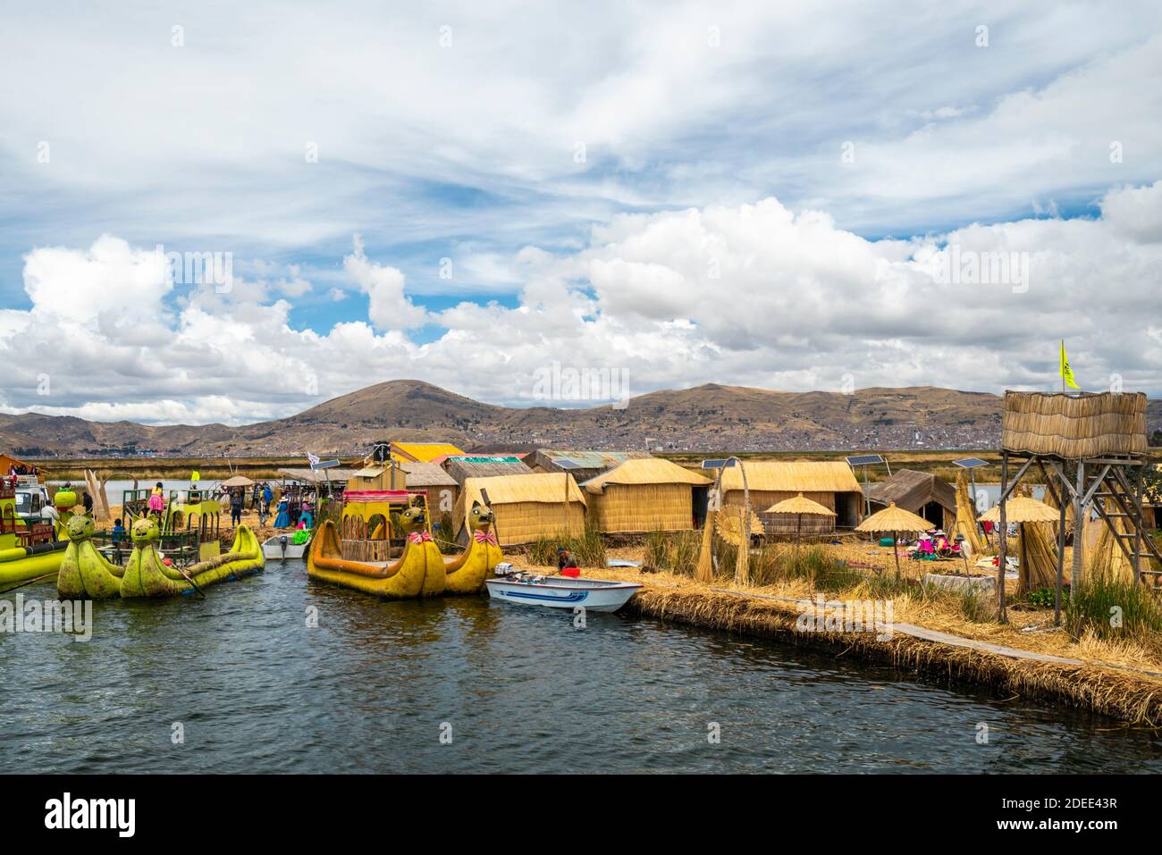 Tourist boats made of reed moored at Uros Islands, Lake Titicaca, Peru ...