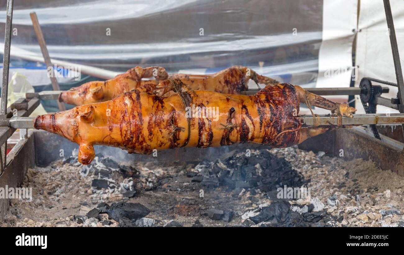 Roasting Pigs Over Charcoal at Rotisserie Spit Stock Photo - Alamy