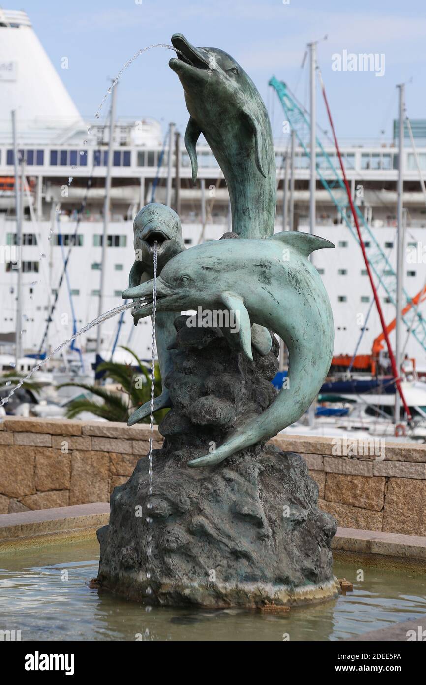 Three Dolphin Water Fountain feature in Propriano Town on the Island of ...