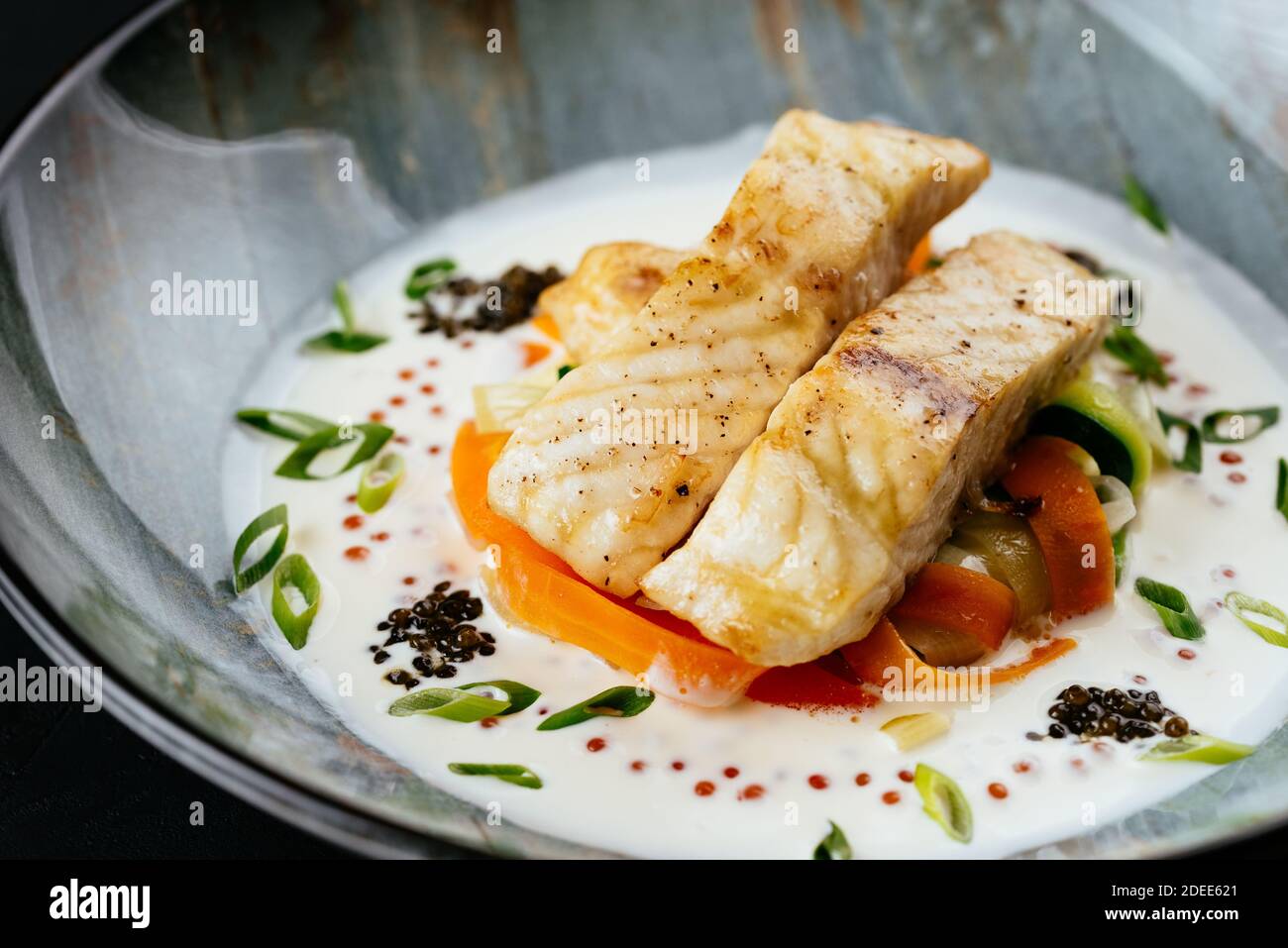 grilled cod fillet with vegetables and sauce on a black background ...
