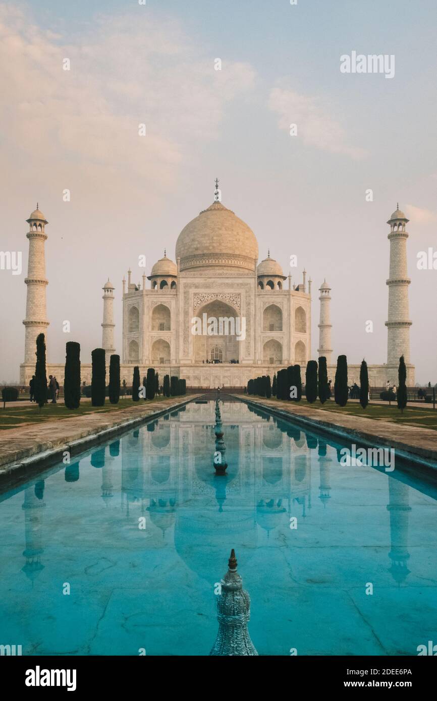 Taj Mahal reflection at sunrise as seen from Char Bagh pool, Agra ...
