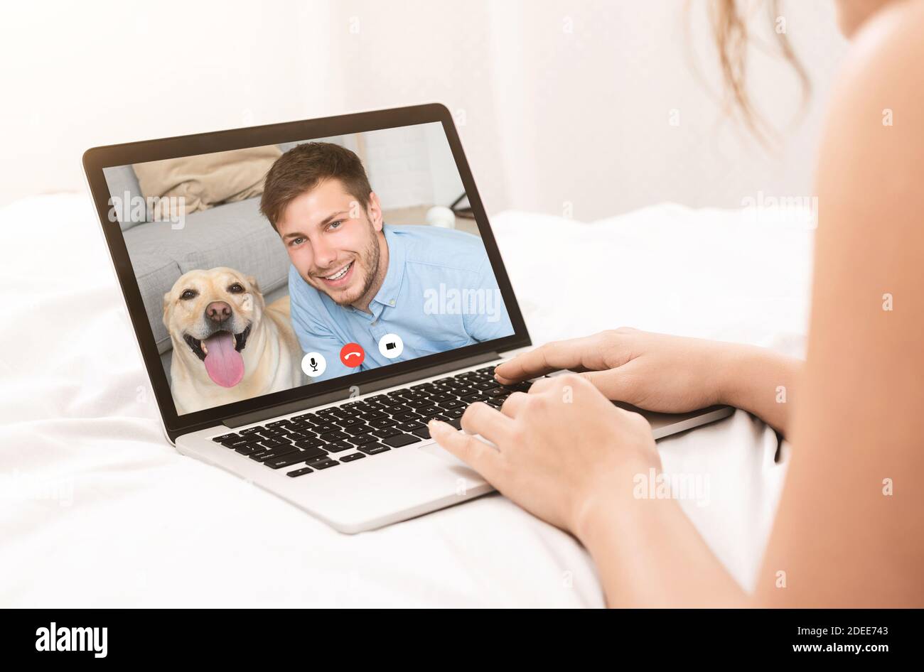 Girlfriend And Boyfriend Chatting Making Video Call On Phone Indoors ...