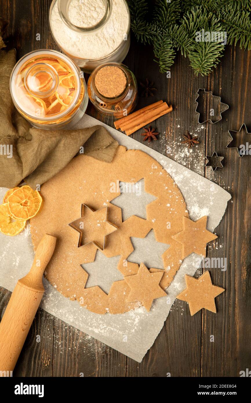 Festive decorations and homemade gingerbread with copy space for text ...