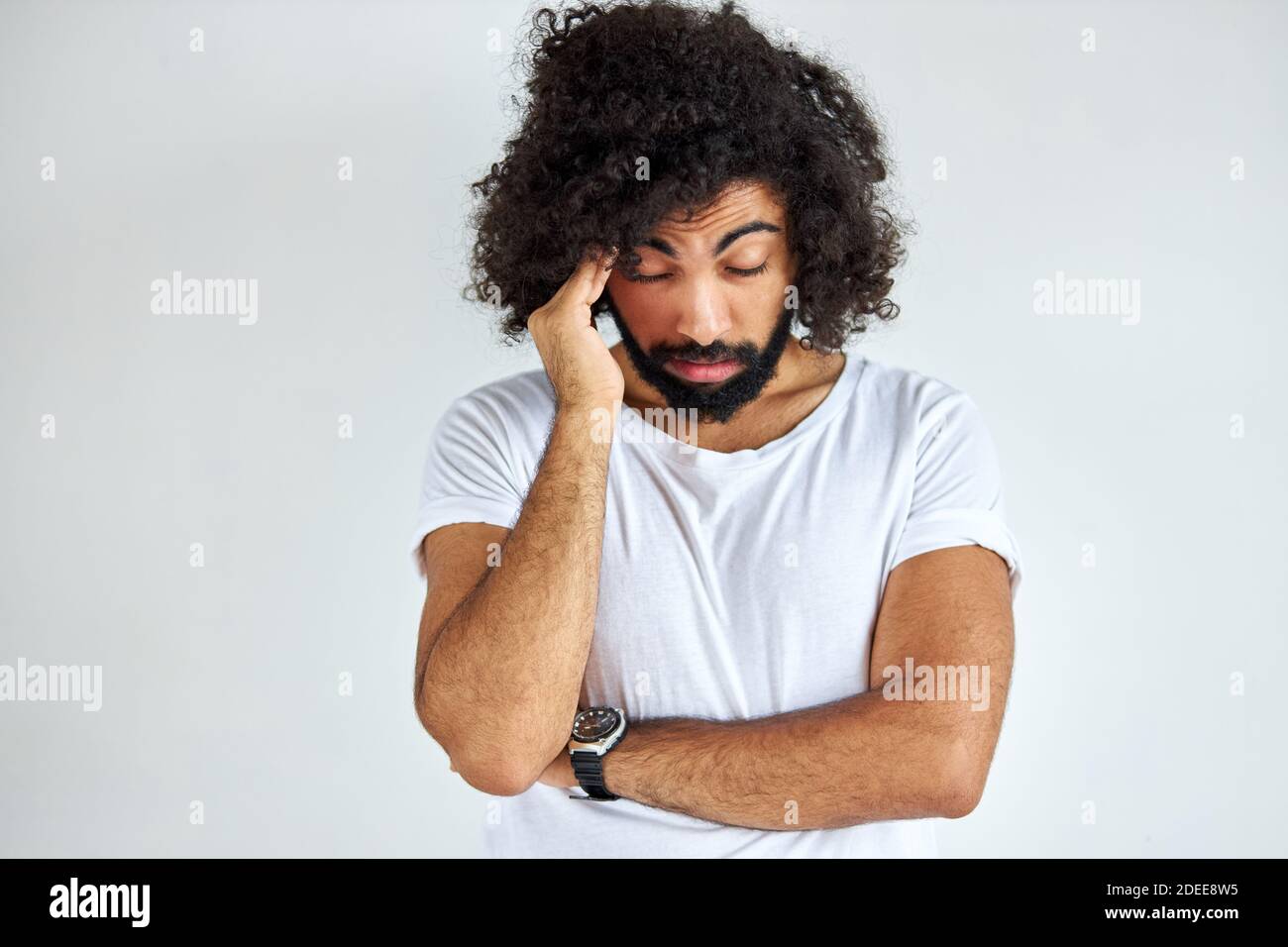 man is tired to hear discontent from others, at work. displeased male ...