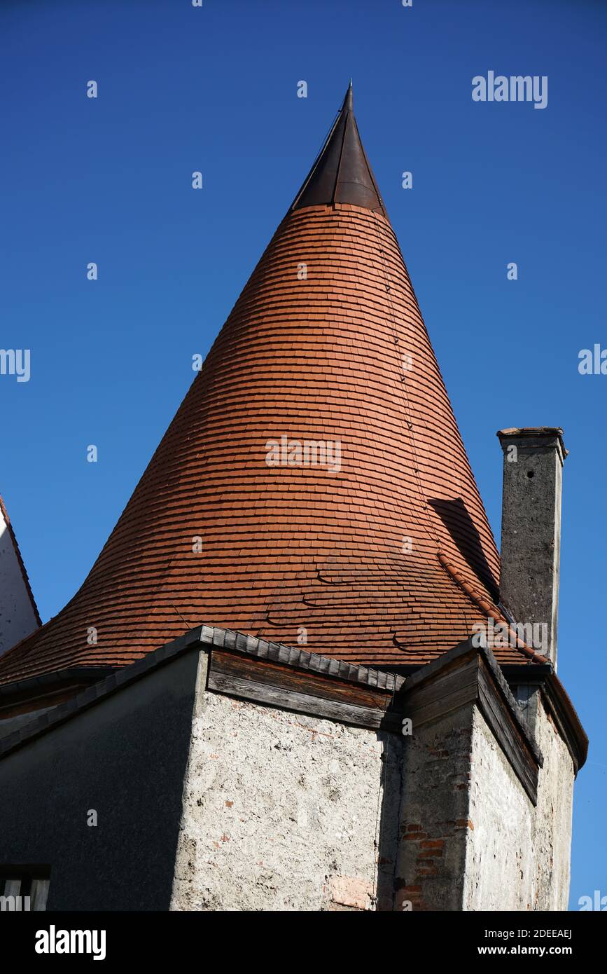 A vertical shot of an old restored building tower with tile roofing ...