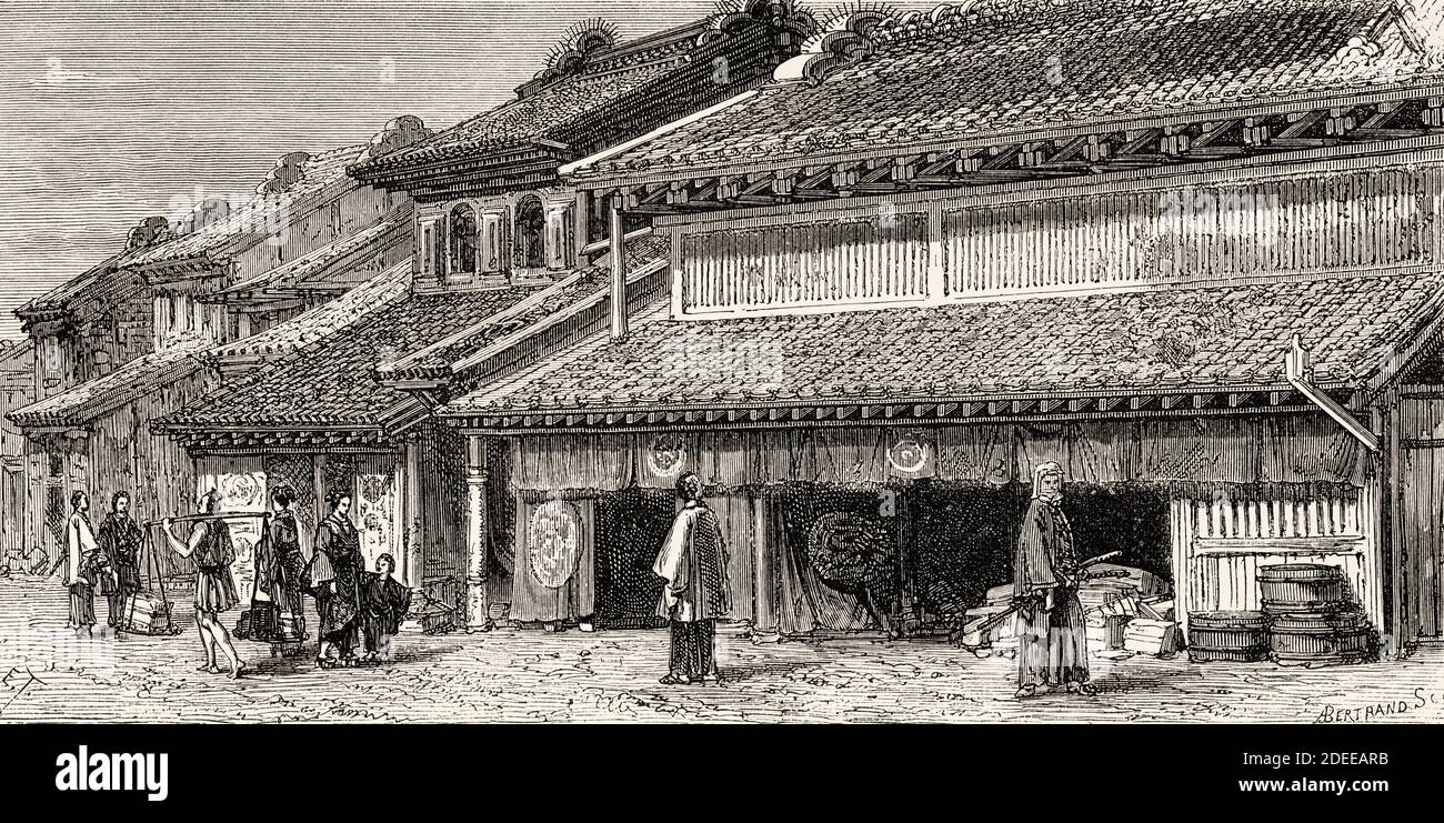 A street in Benten-Dori in Yokohama, Japan. Old 19th century engraved ...