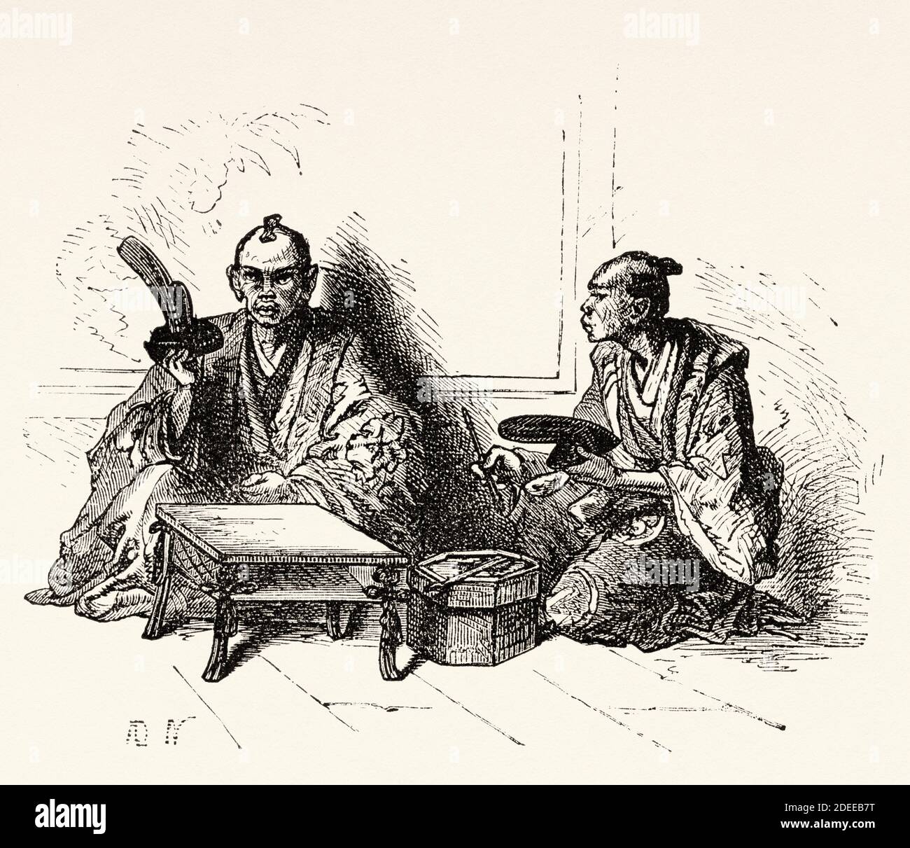 Japanese Crafts. Painted cap makers, Japan. Old 19th century engraved ...