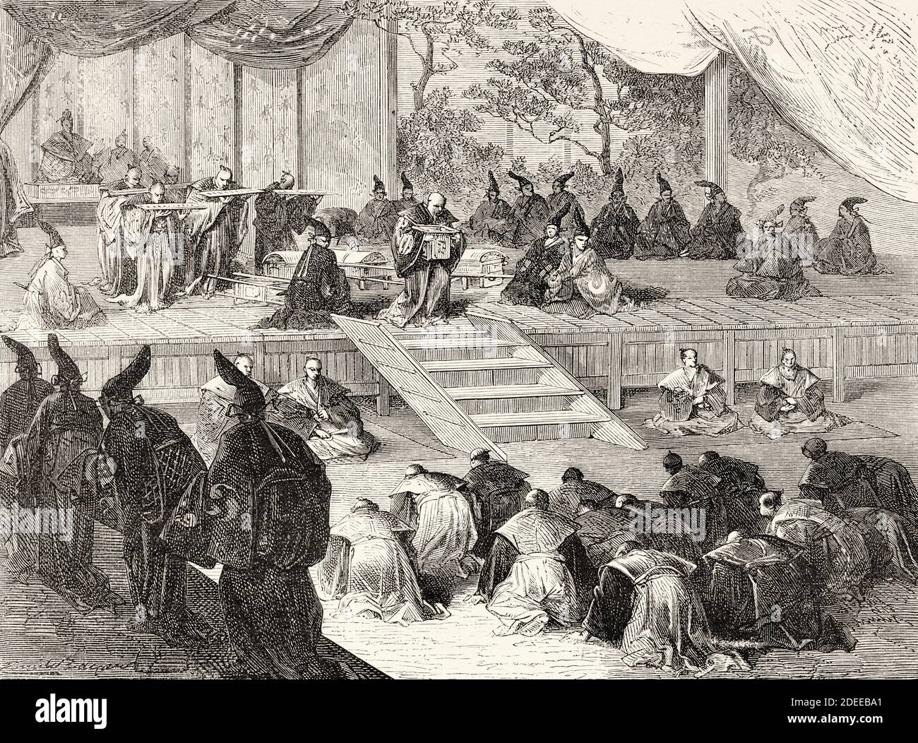 Distribution of money to the people by order of the Taikun, Japan. Old ...