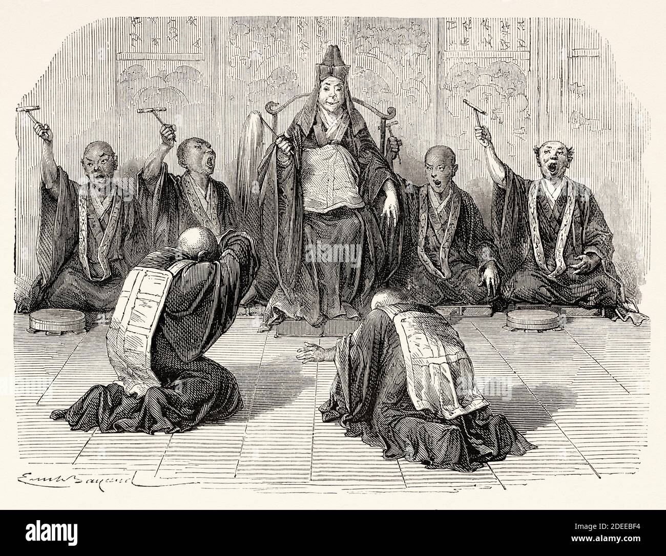 Great Buddhist priest being worshiped, Japan. Old 19th century engraved ...